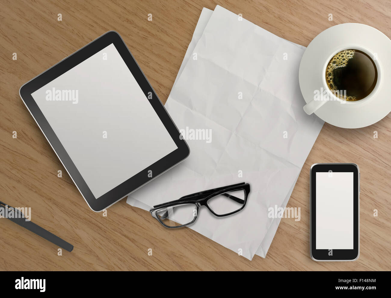 3d empty tablet with mobile phone and a cup of coffee on the wooden ...