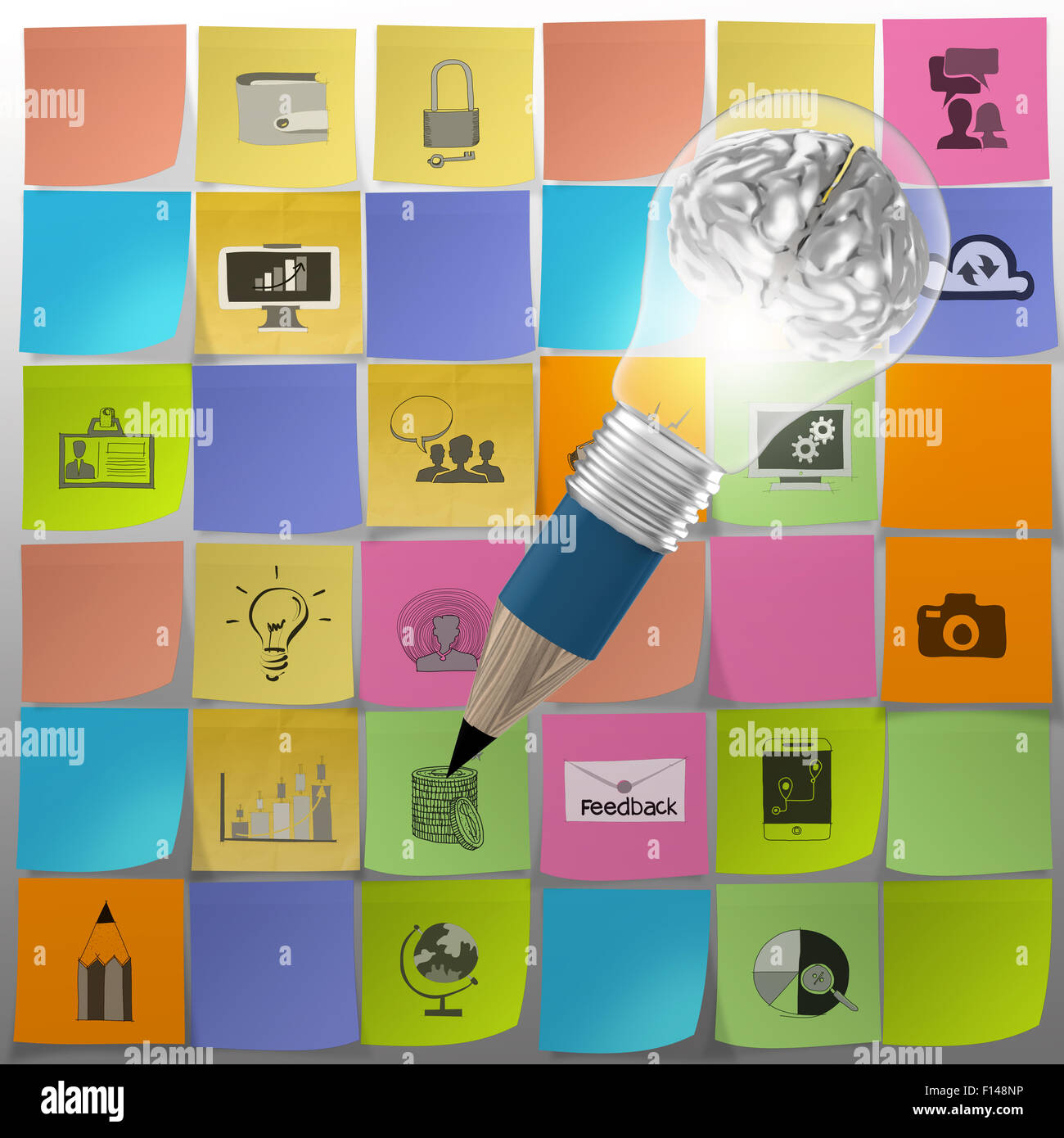 pencil 3d light bulb with metal brain draws icons of business strategy ...