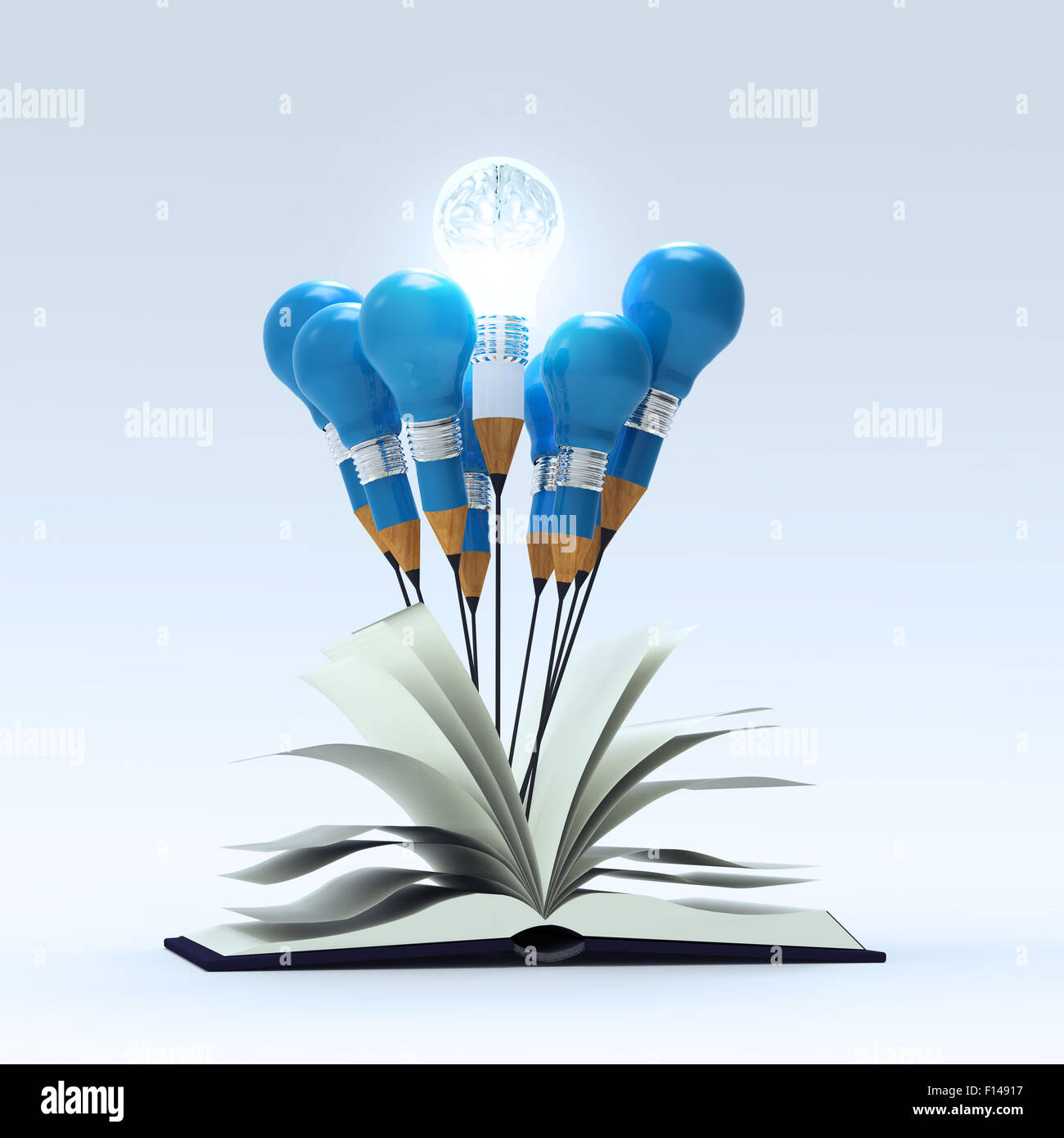 open book with 3d metal human brain inside pencil light bulb as concept ...