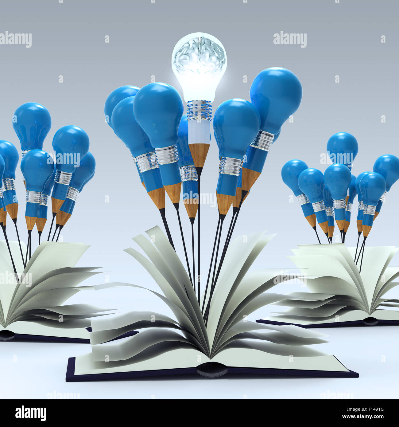 open book with 3d metal human brain inside pencil light bulb as concept ...