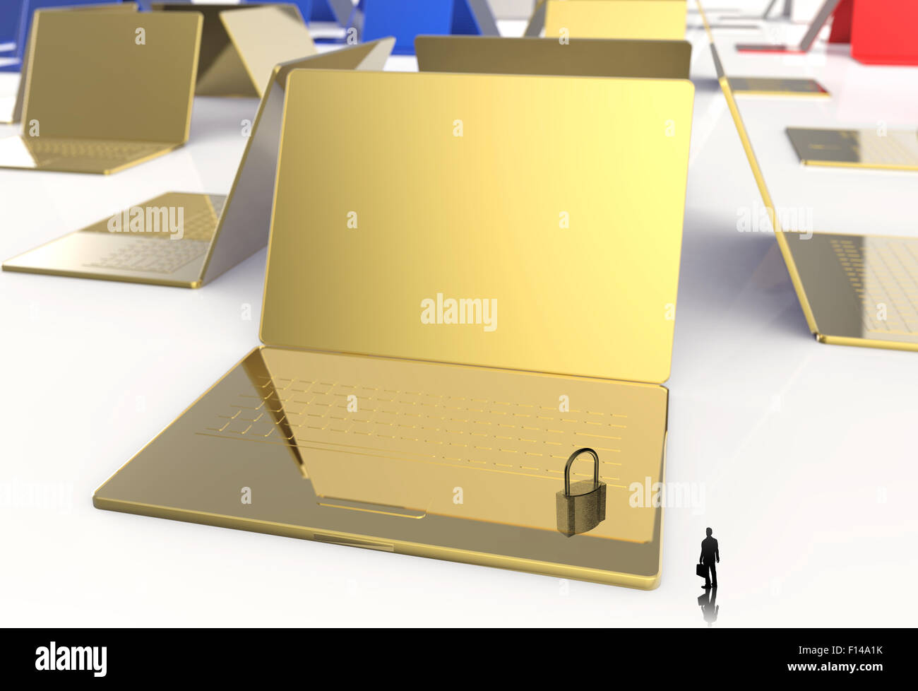 businessman looking at 3d laptop computer with padlock as Internet ...