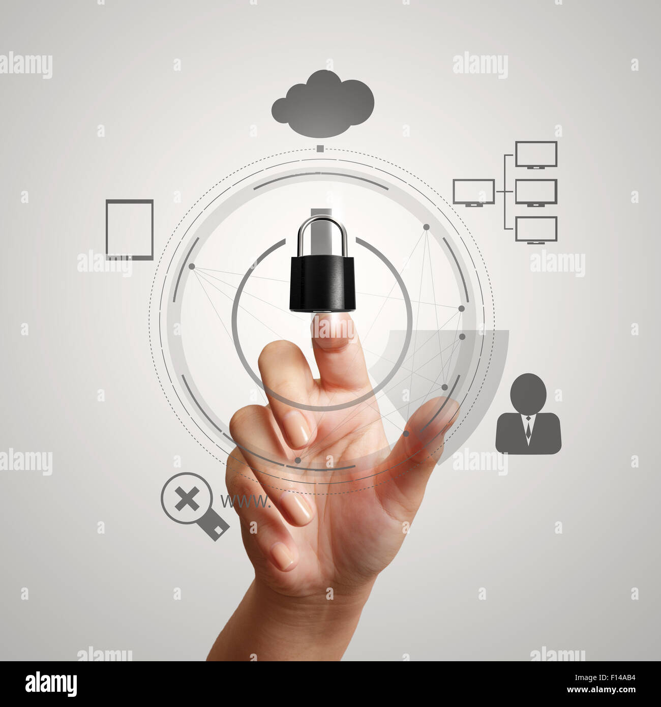 hand pointing to 3d padlock on touch screen computer as Internet ...
