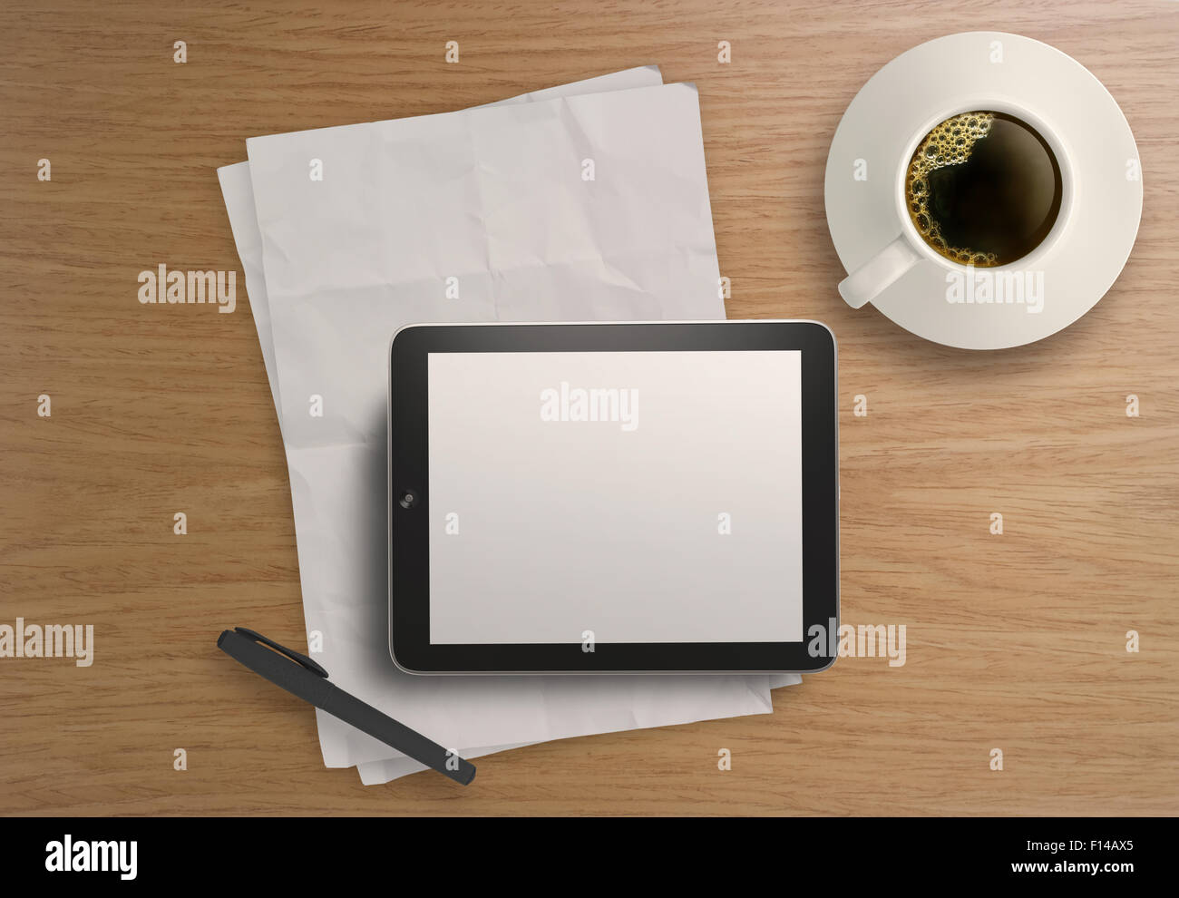 3d empty tablet and a cup of coffee on the wooden desk Stock Photo - Alamy