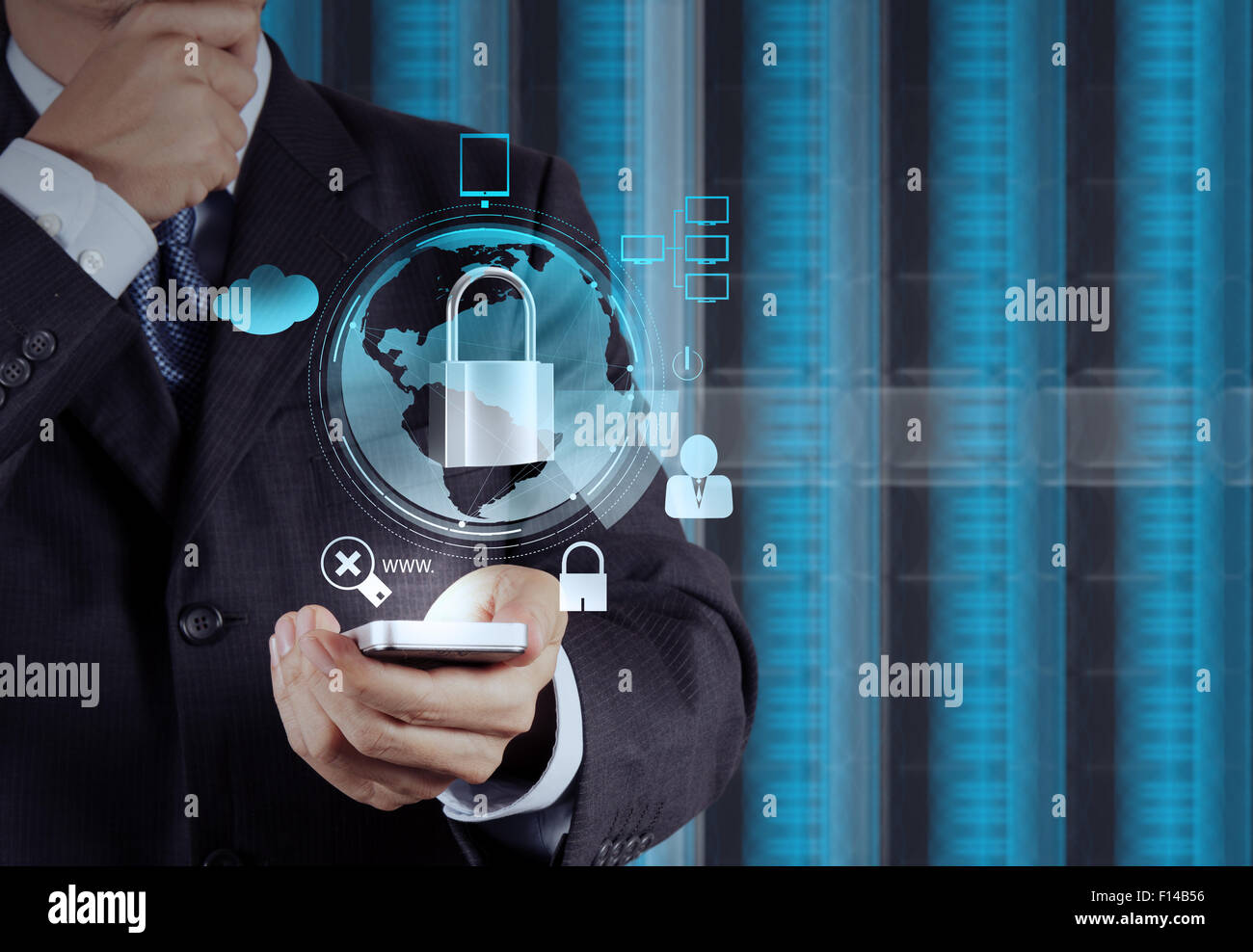 businessman hand pointing to padlock on touch screen computer as ...