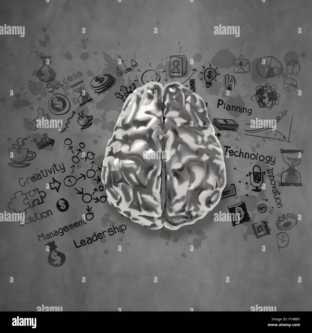 metal brain 3d with business strategy icons as concept Stock Photo - Alamy