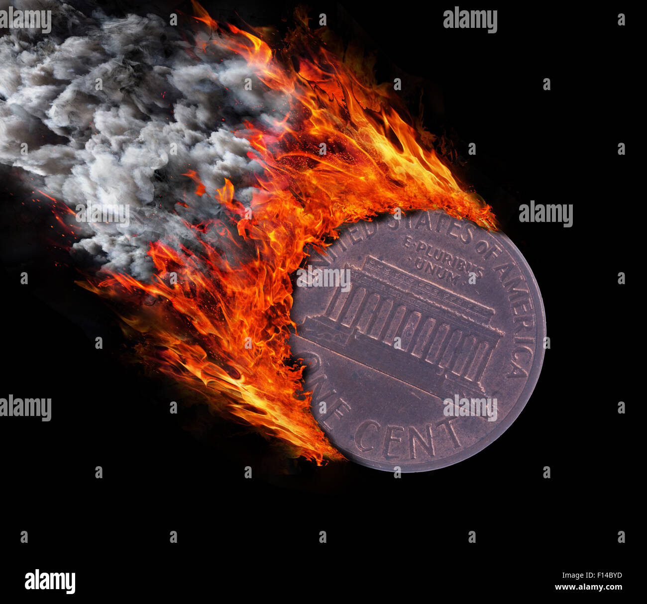 Burning coin with a trail of fire and smoke - one dollarcent Stock ...