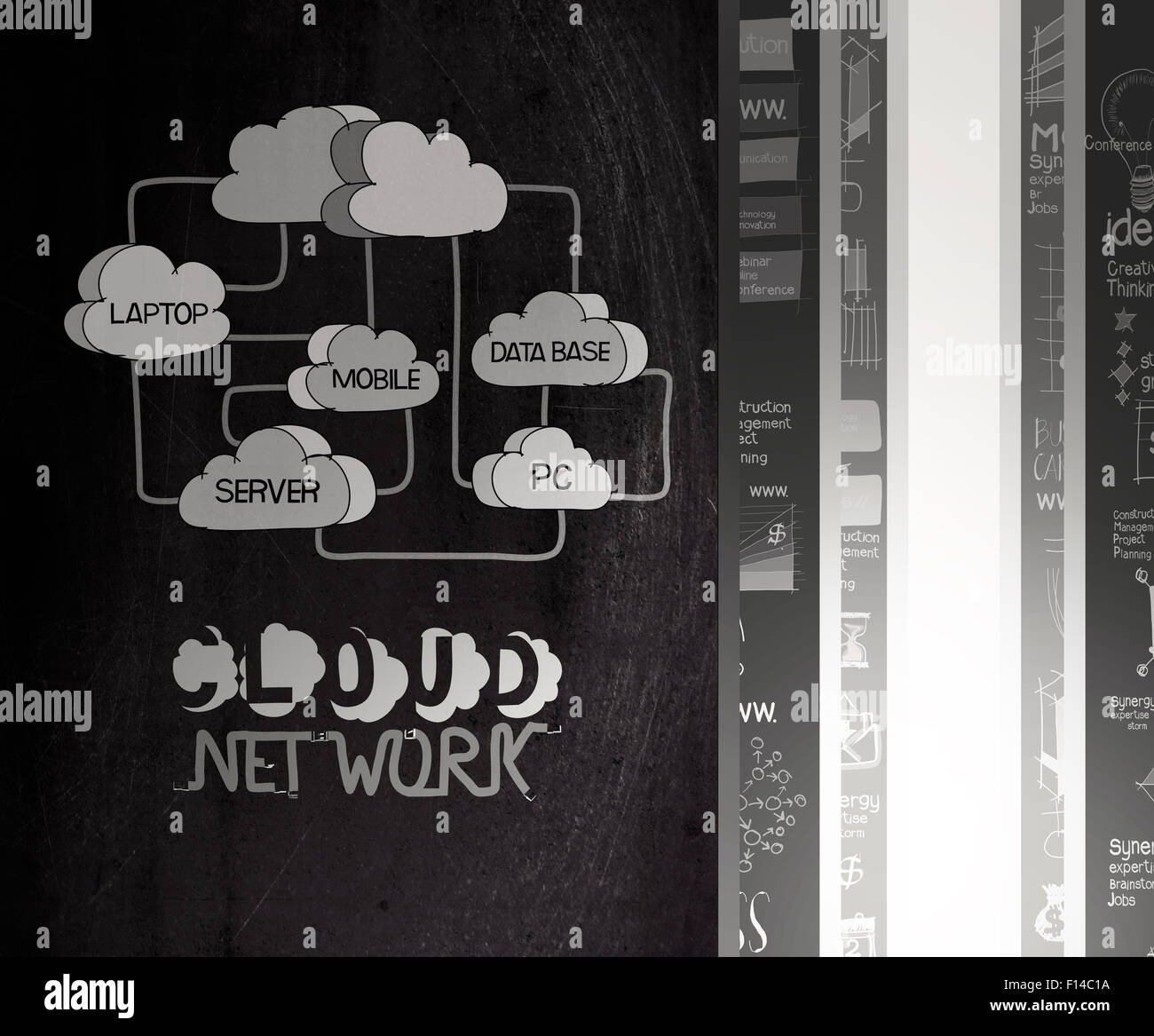 hand drawn Cloud network with light bulb doodle on dark wall background ...
