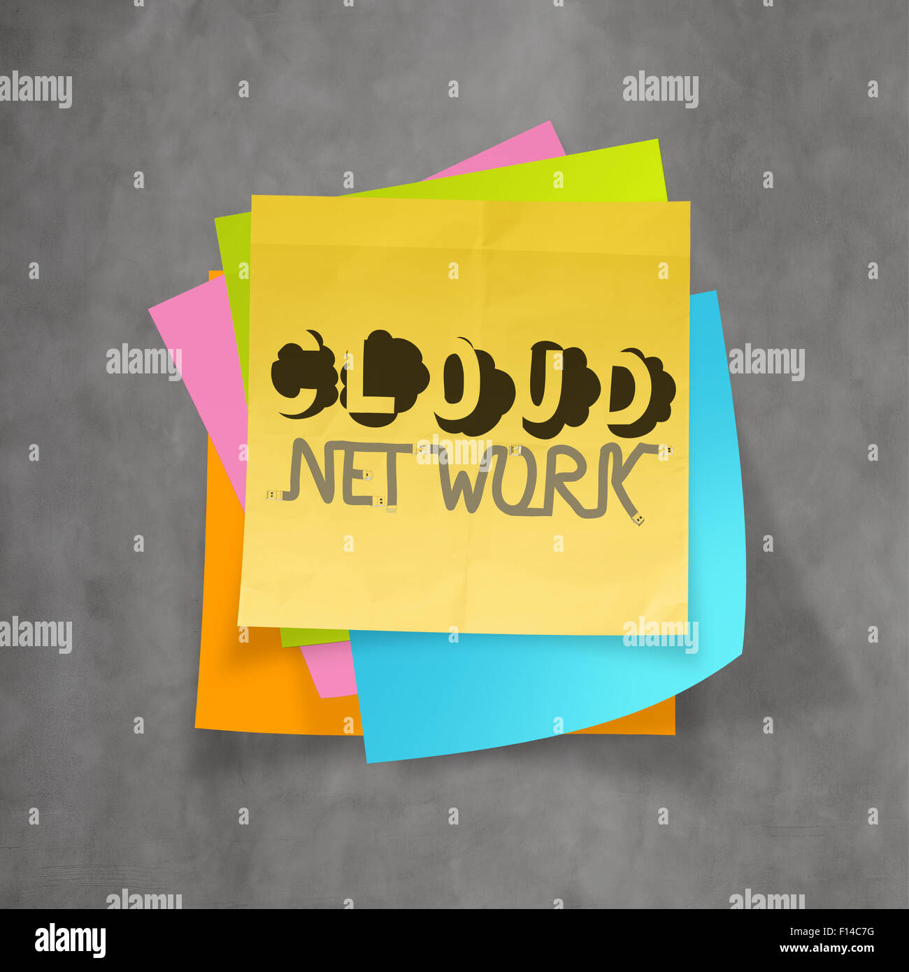 hand drawn CLOUD NETWORK on sticky note and texture background as ...