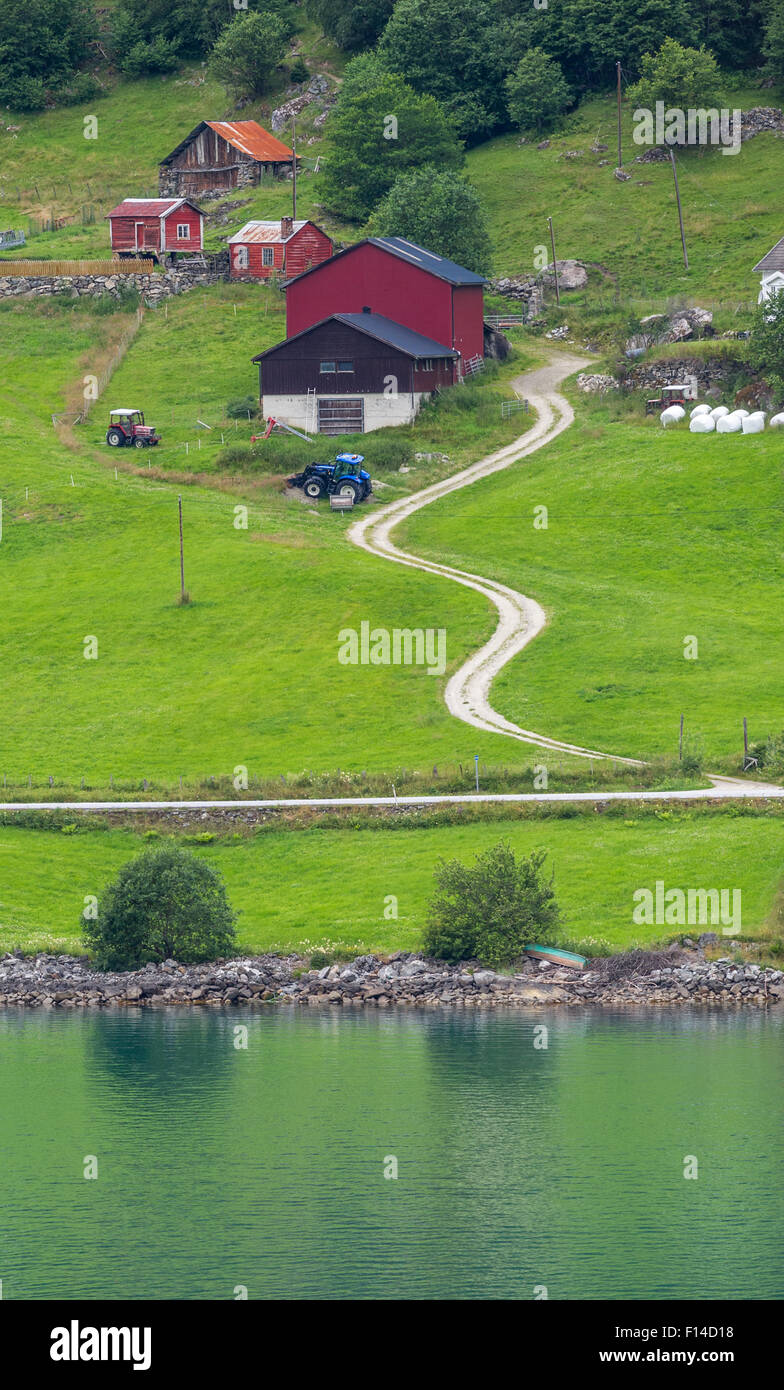Norwegian farms and out-buildings on th banks of Sogne fjord, Skjolden ...