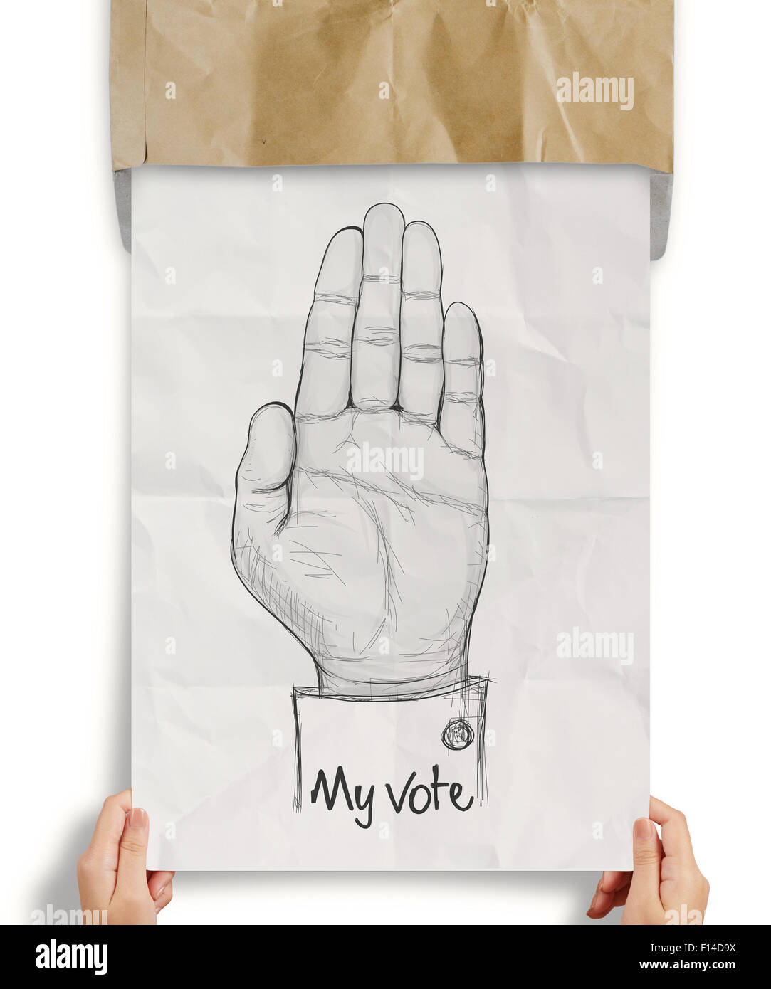 businessman show crumpled paper of Hand raised with MY VOTE text as ...