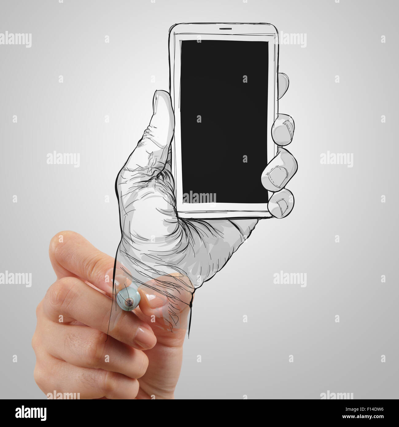 Hand drawn hands with mobile phone as concept Stock Photo - Alamy