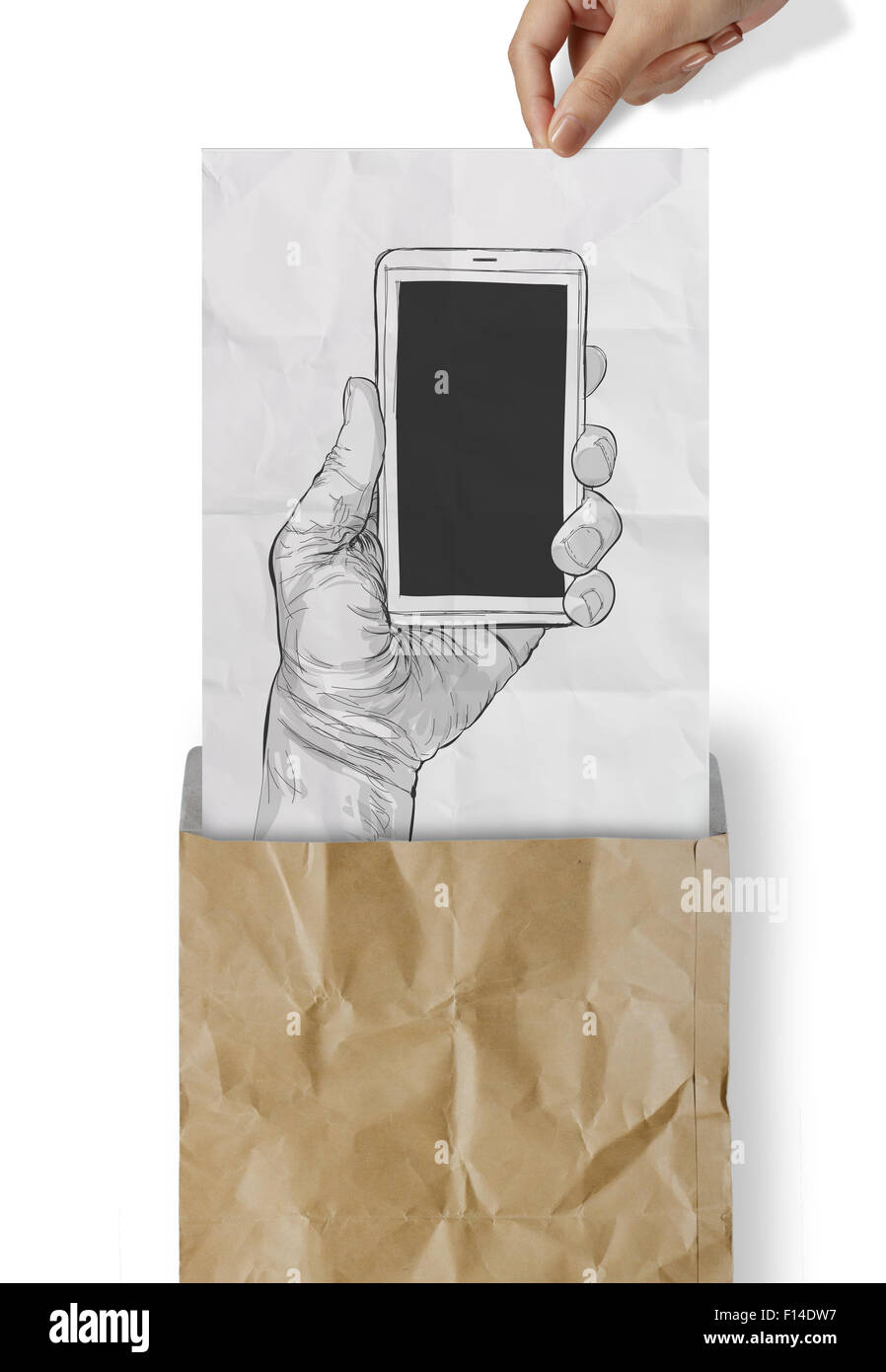 Hand drawn hands with mobile phone on crumpled paper as concept Stock ...