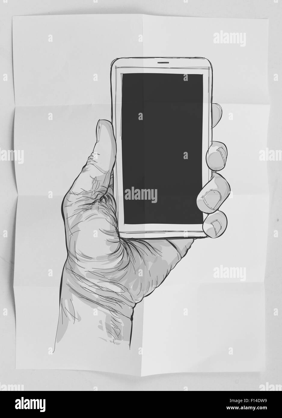 Hand drawn hands with mobile phone on crumpled paper as concept Stock ...