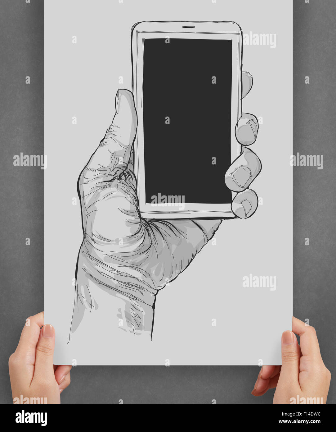 showing Hand drawn hands with mobile phone on poster as concept Stock ...