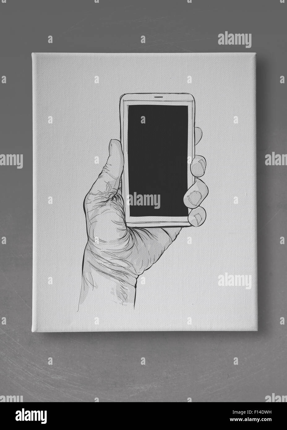 Hand drawn hands with mobile phone on canvas board as concept Stock ...