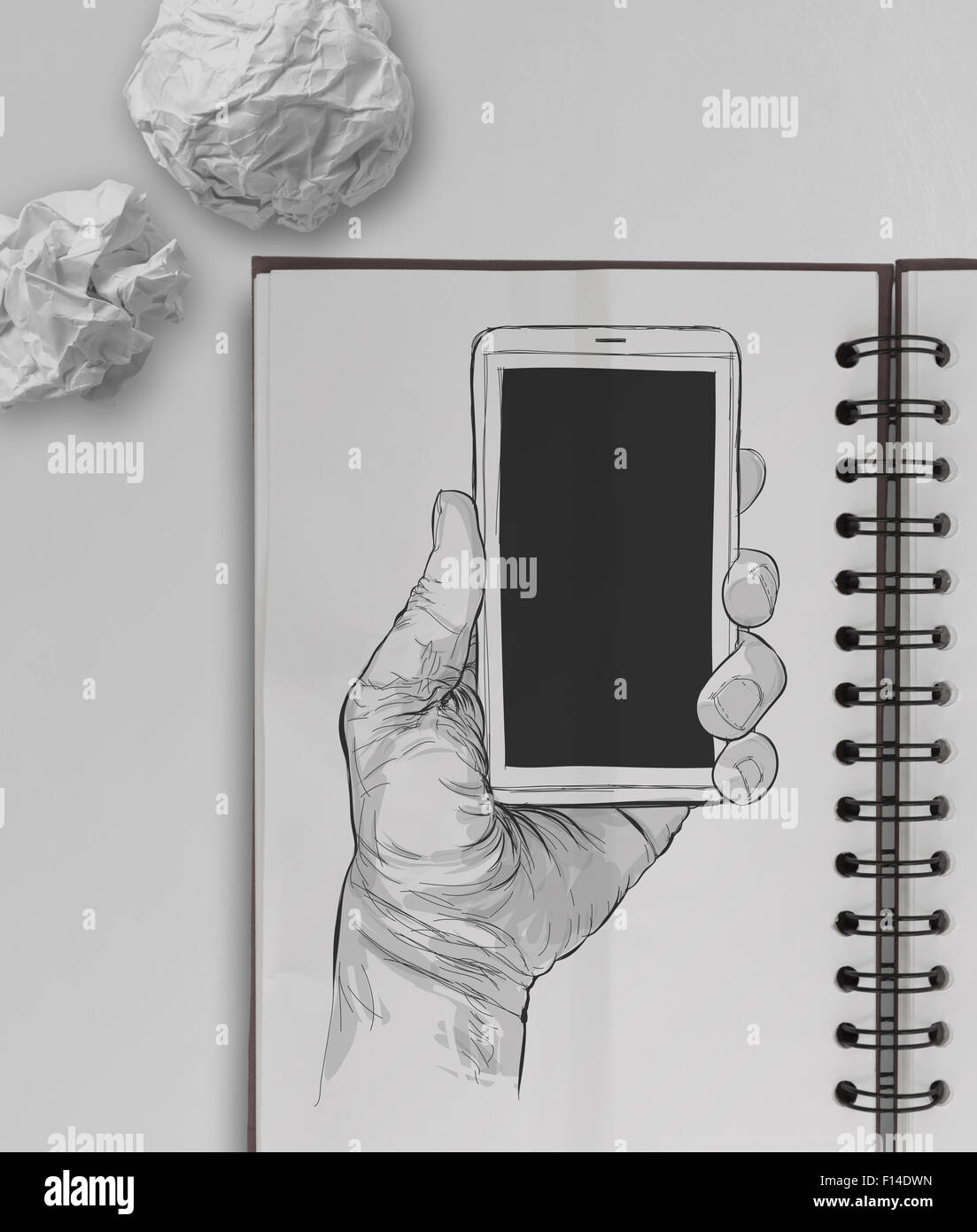 Hand drawn hands with mobile phone note book as concept Stock Photo - Alamy