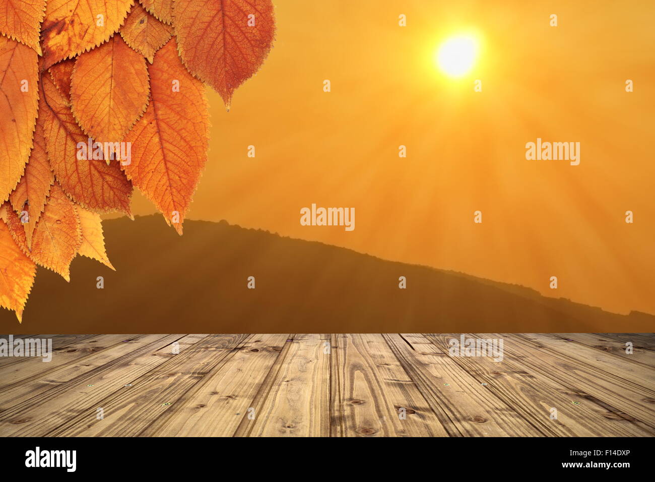 colorful autumn background with terrace of wooden floor and rays from ...