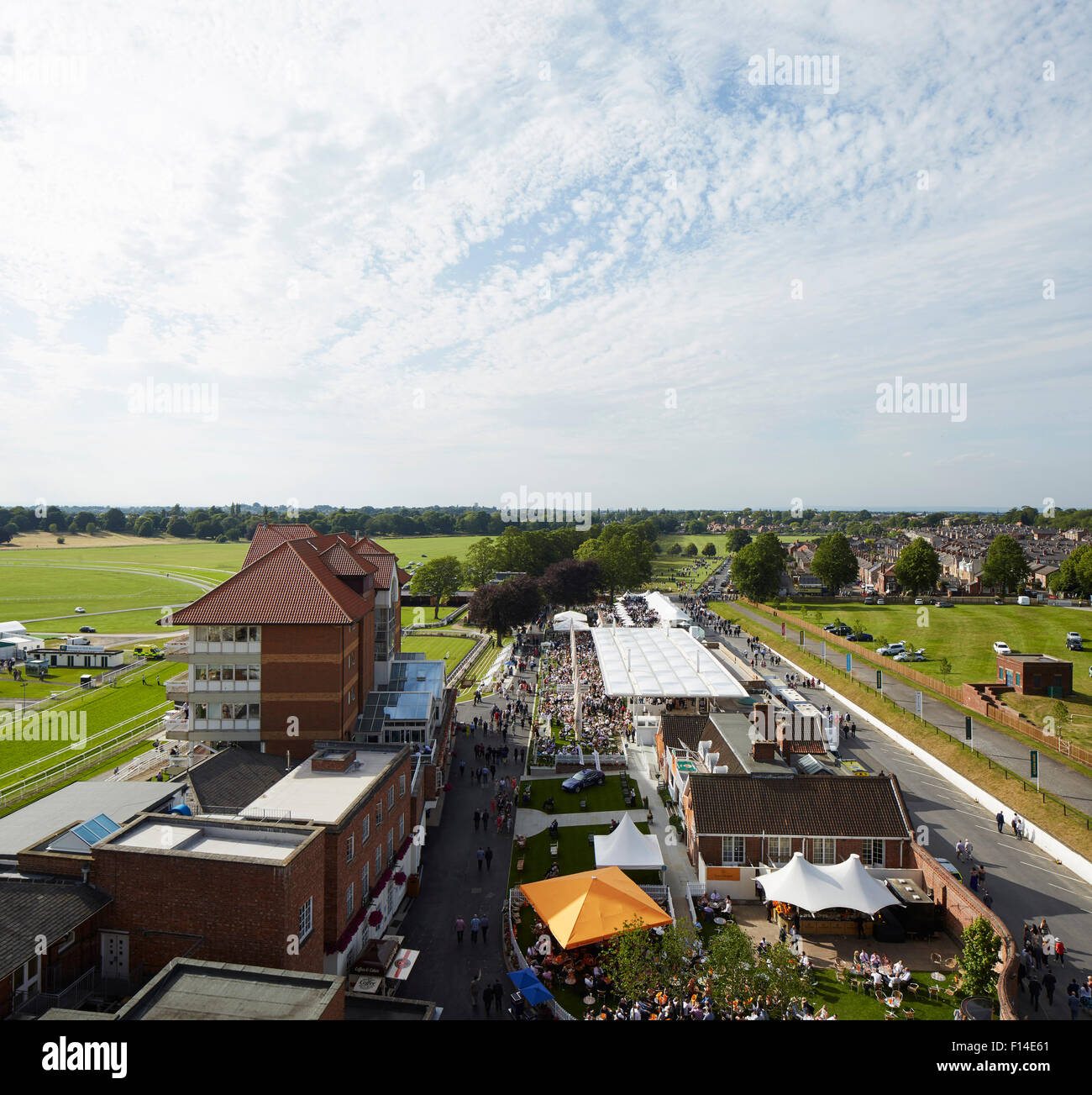 Elevated view across racetrack premises during race-meeting. York ...