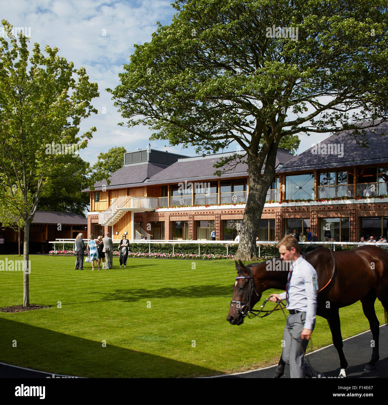 Pre-parade ring with Weigh-In Building beyond. York Racecourse, York ...