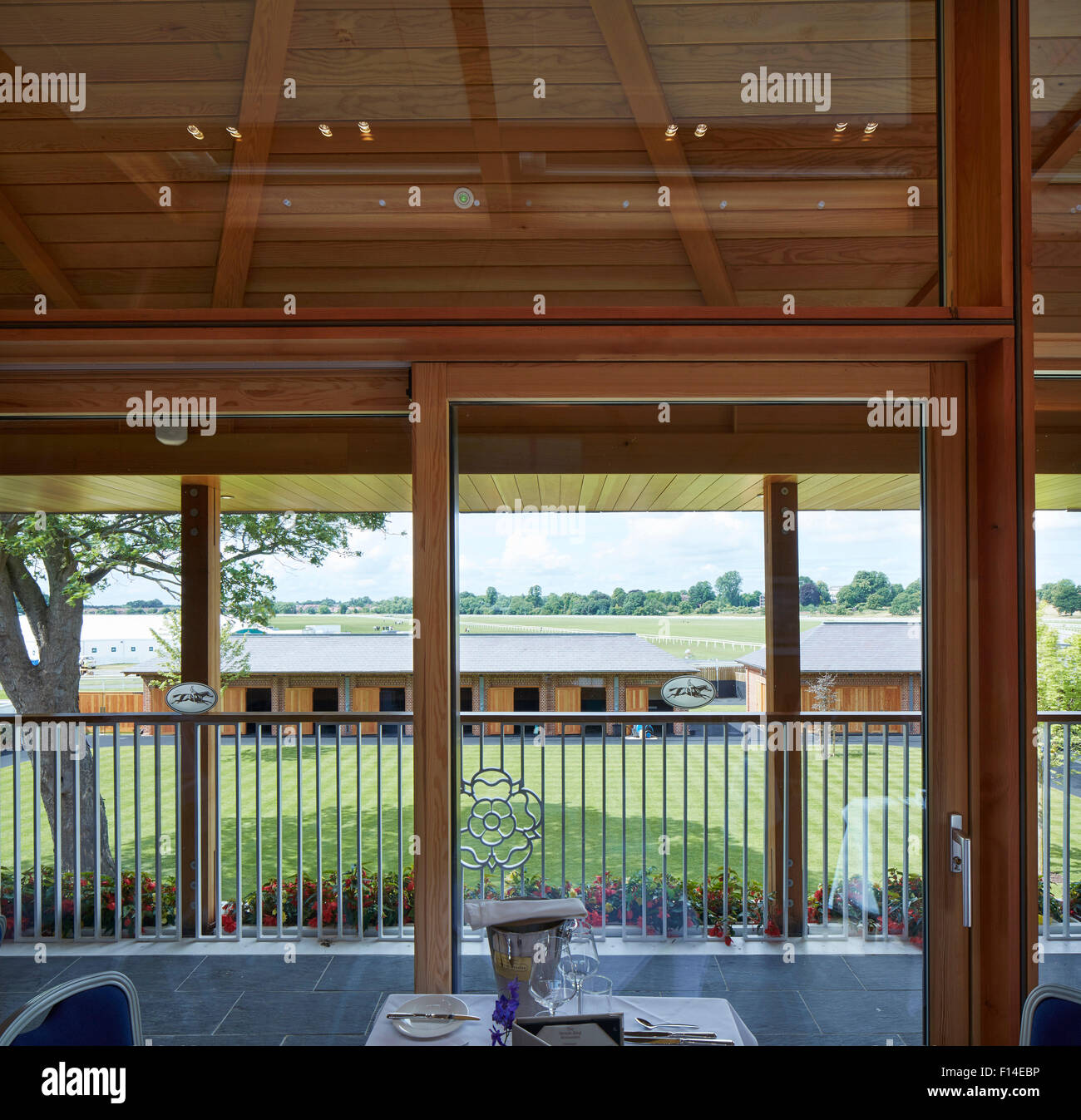 Restaurant interior with view of Pre-Parade Ring. York Racecourse, York ...