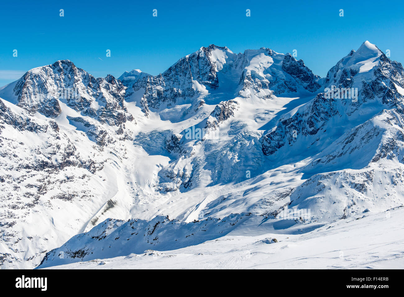 View of the Bernina Group, Piz Morteratsch on the left, Piz Bernina in ...