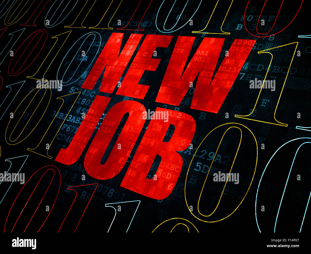 Business concept: Pixelated red text New Job on Digital wall background with Binary Code Stock ...