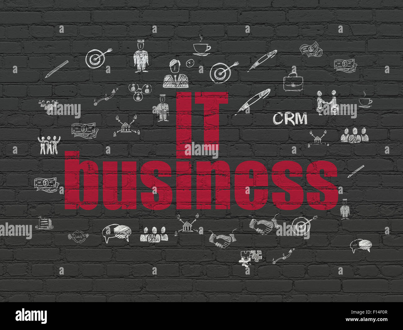 Finance concept: Painted red text IT Business on Black Brick wall background with Hand Drawn ...