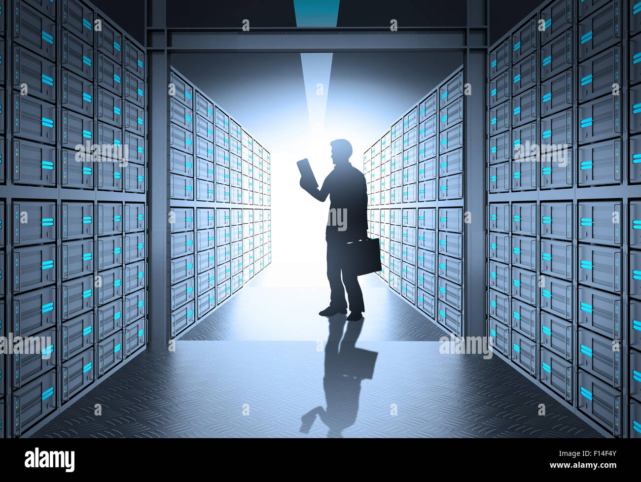 engineer business man working in 3d network server room as concept ...