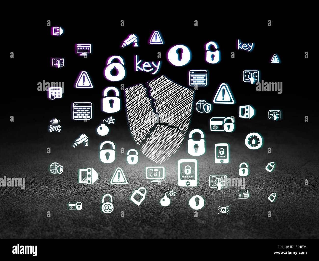 Privacy concept: Broken Shield in grunge dark room Stock Photo - Alamy