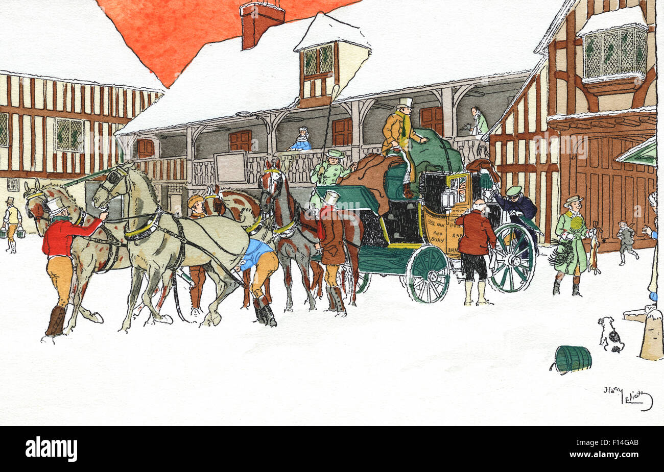 1850s ILLUSTRATION VICTORIAN COACHING SCENE VILLAGE WINTER PREPARING ...