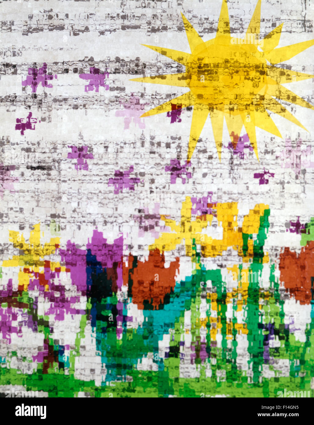 1970s SYMBOLIC ILLUSTRATION SUN FLOWERS TEXTURED BACKGROUND PATTERN ...