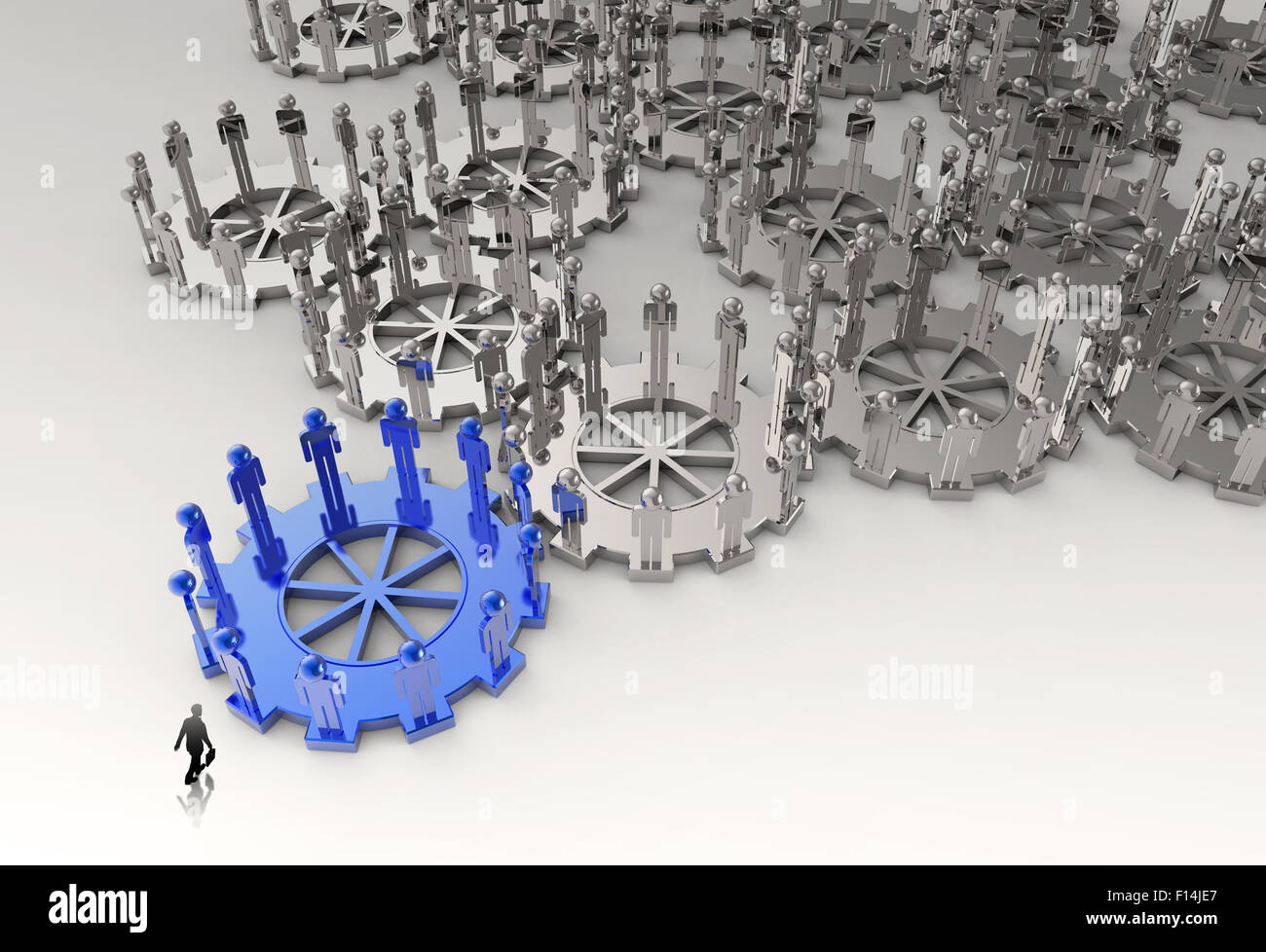 businessman walking to 3d figures on connected cogs as leadership ...