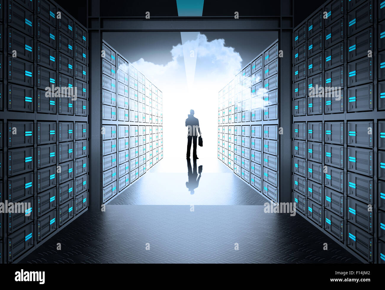 engineer business man in 3d network server room and cloud inside as ...
