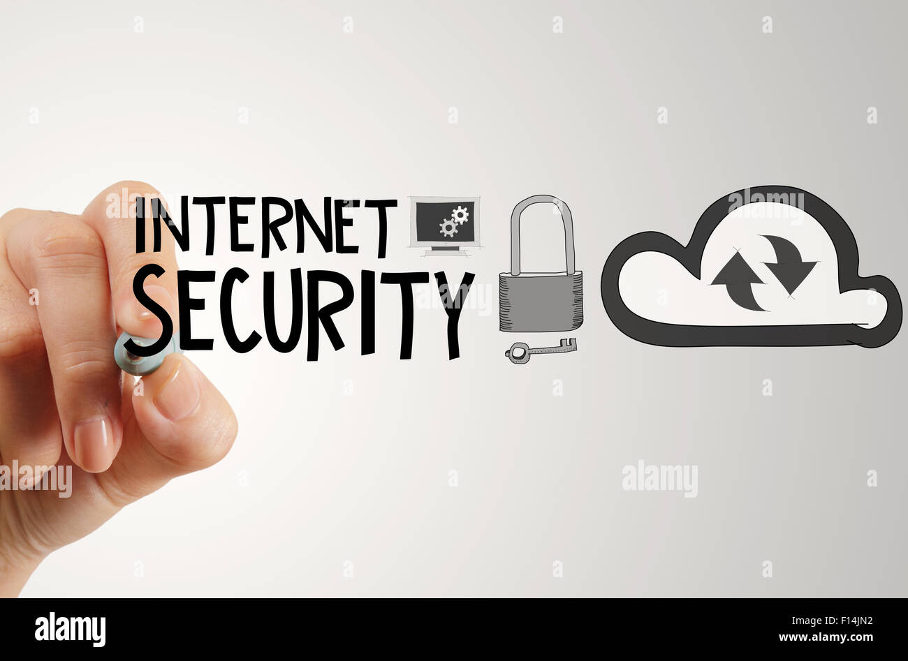 close up of hand drawing Internet security online business as concept ...