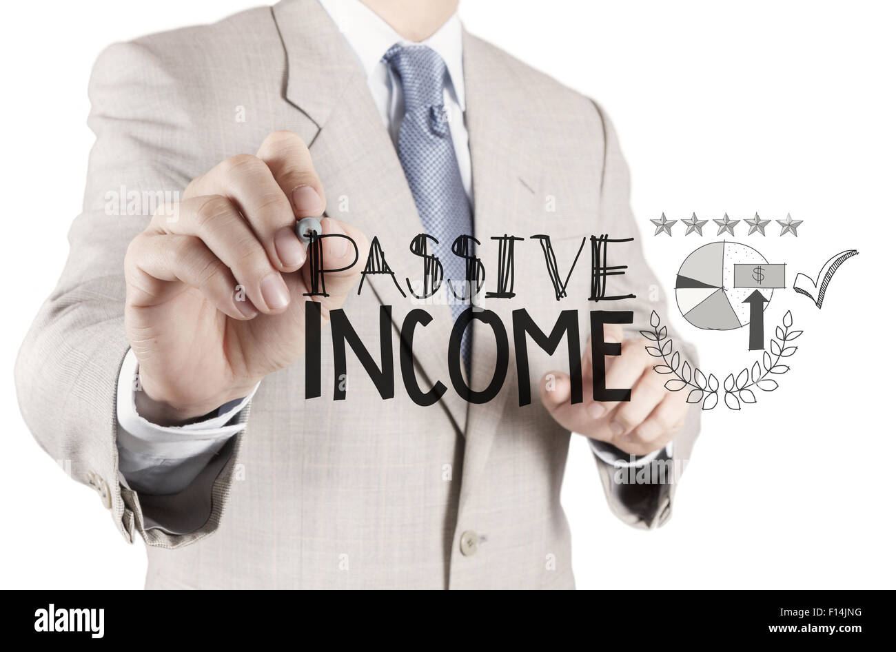 businessman hand drawing passive income touch screen computer as ...