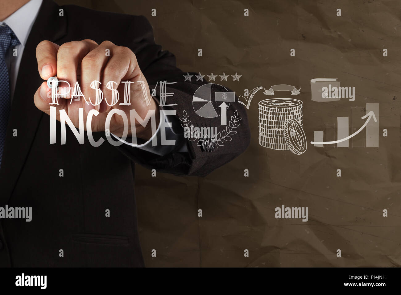 businessman hand drawing passive income touch screen computer as ...