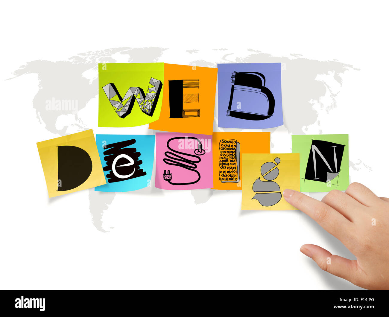 hand touch drawing web design on sticky note and world map background ...