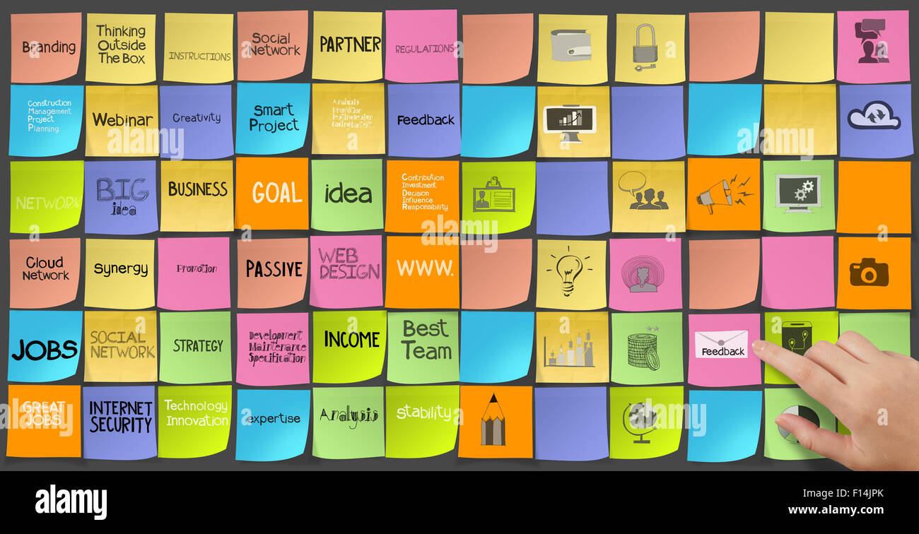 hand pushing words icons of business strategy on sticky note as concept ...