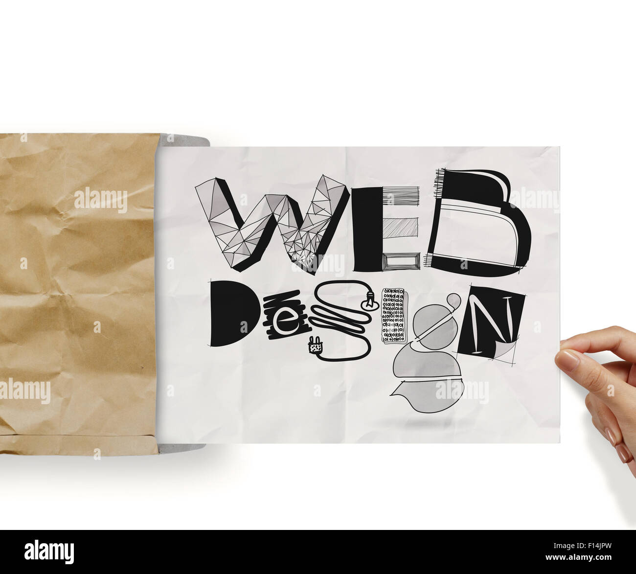 hand holding web design handrawn icons on paper background poster as ...
