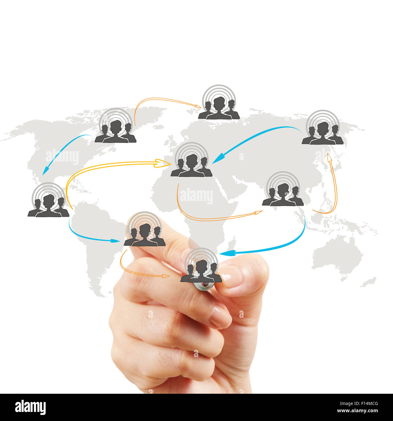 close up of hand drawing social network diagram on screen as concept ...