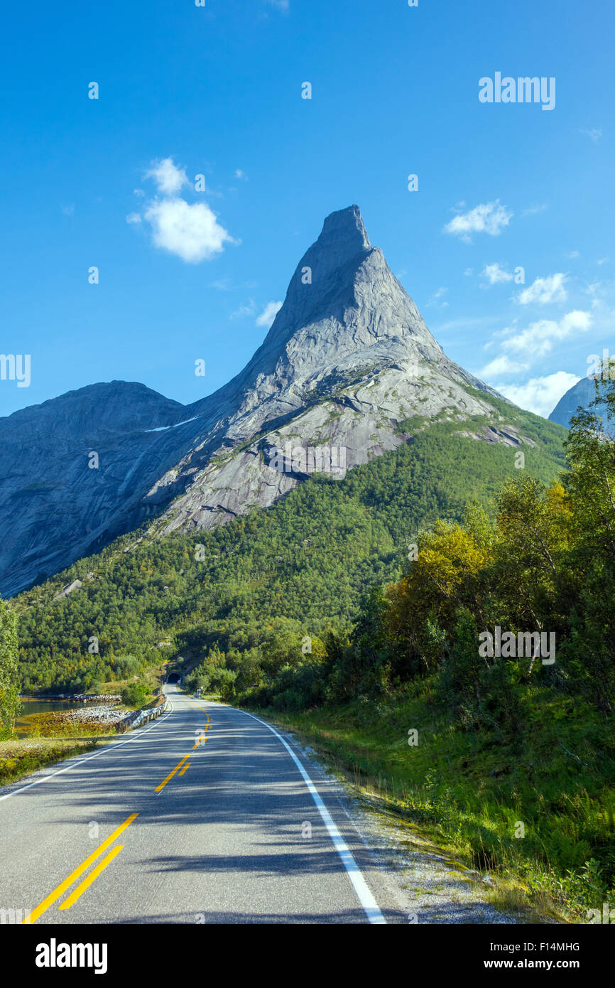 Road runs towards Stetind Norway's National Mountain, a rocky peak ...