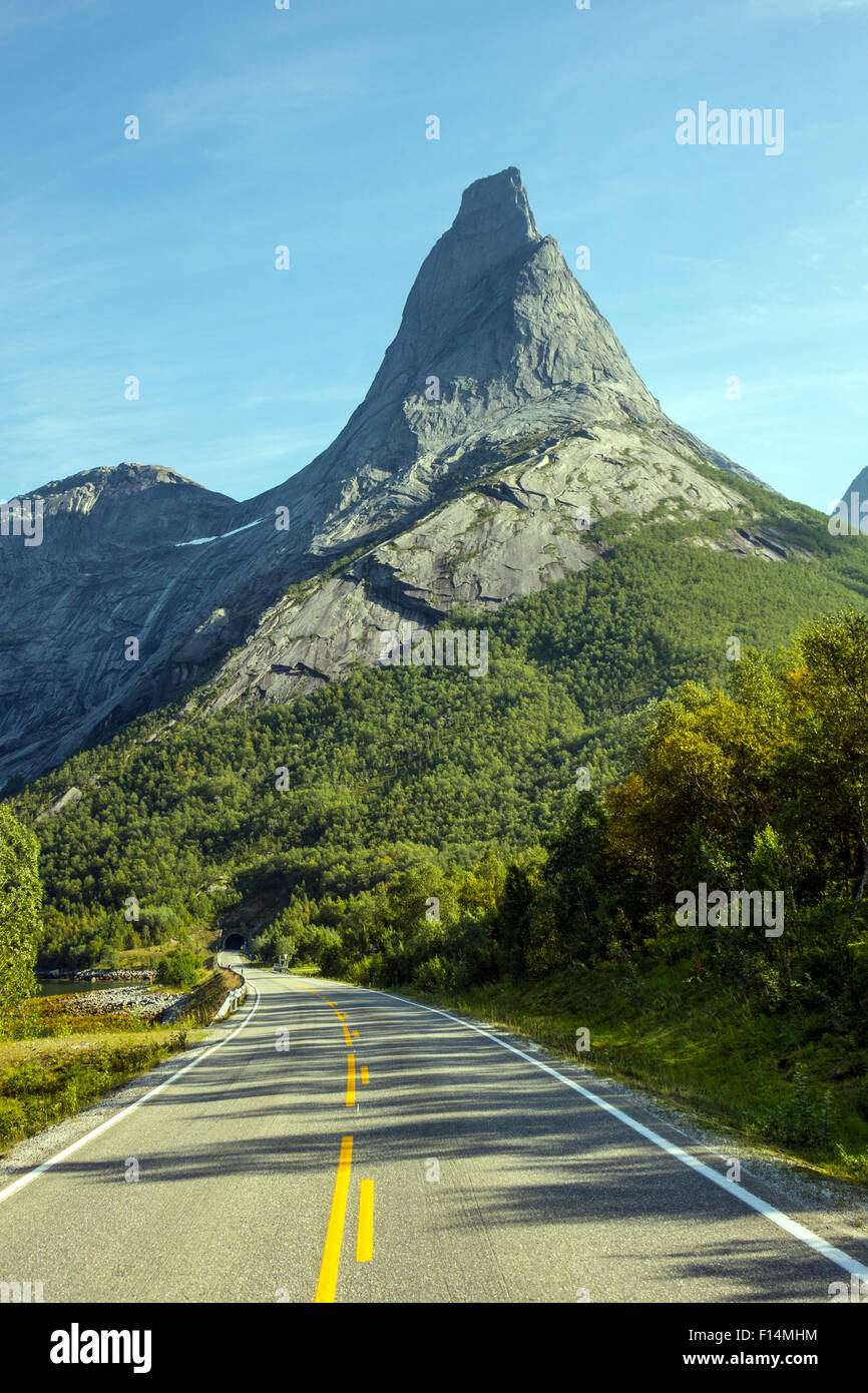 Road runs towards Stetind Norway's National Mountain, a rocky peak ...
