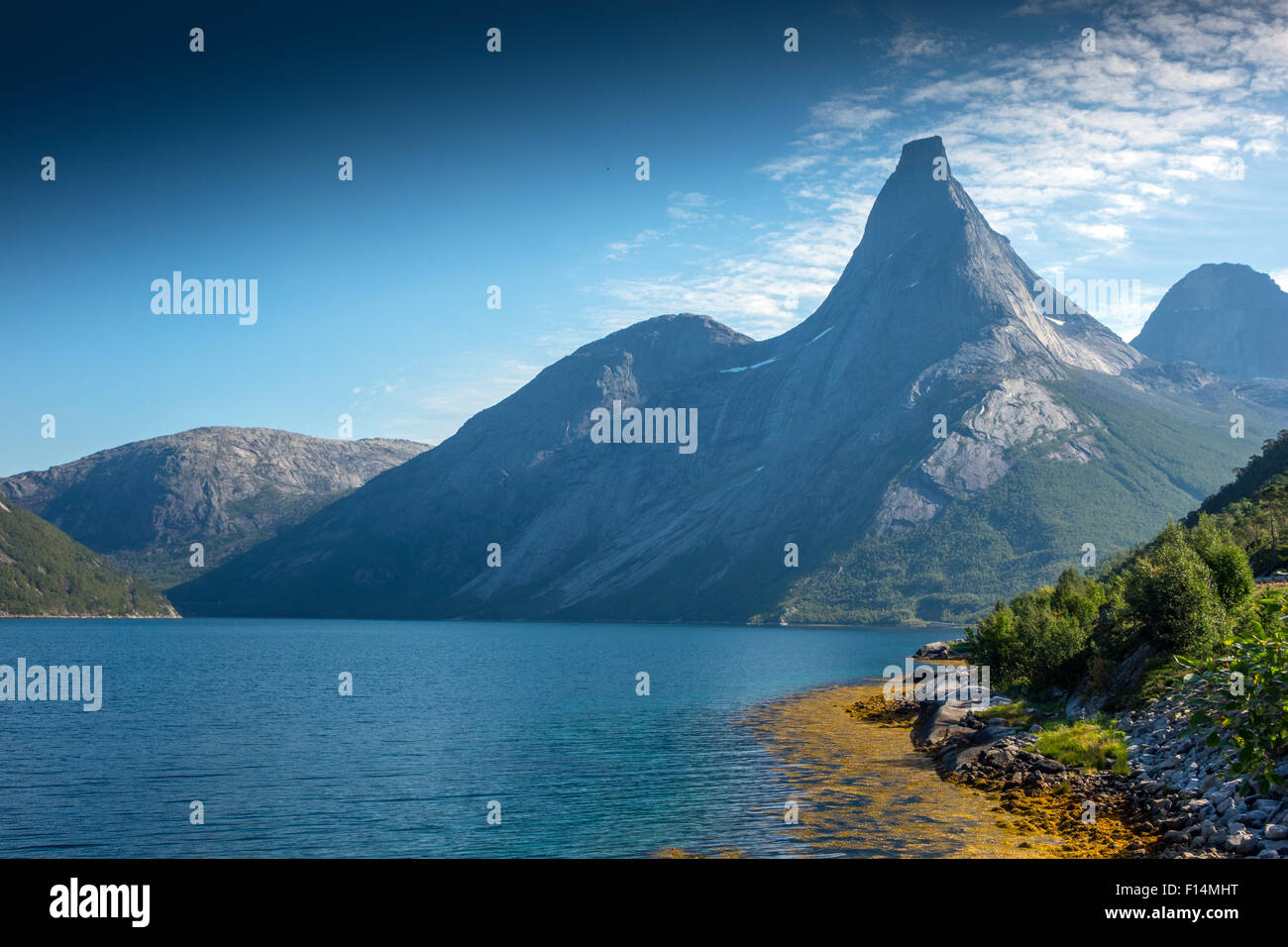 Stetind Norway's National Mountain, a rocky peak towards it above the ...