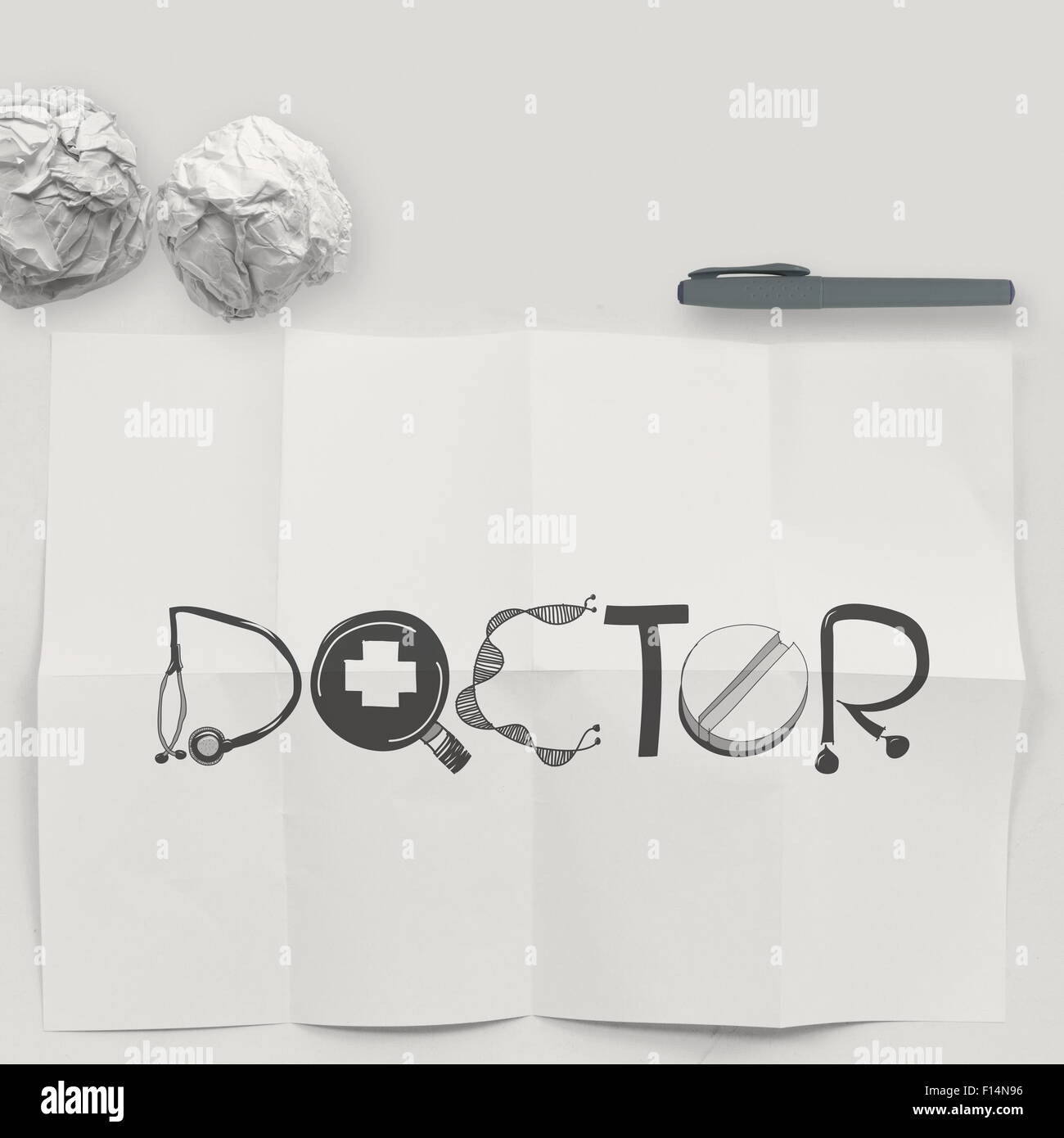 design word DOCTOR on white crumpled paper and texture background as ...