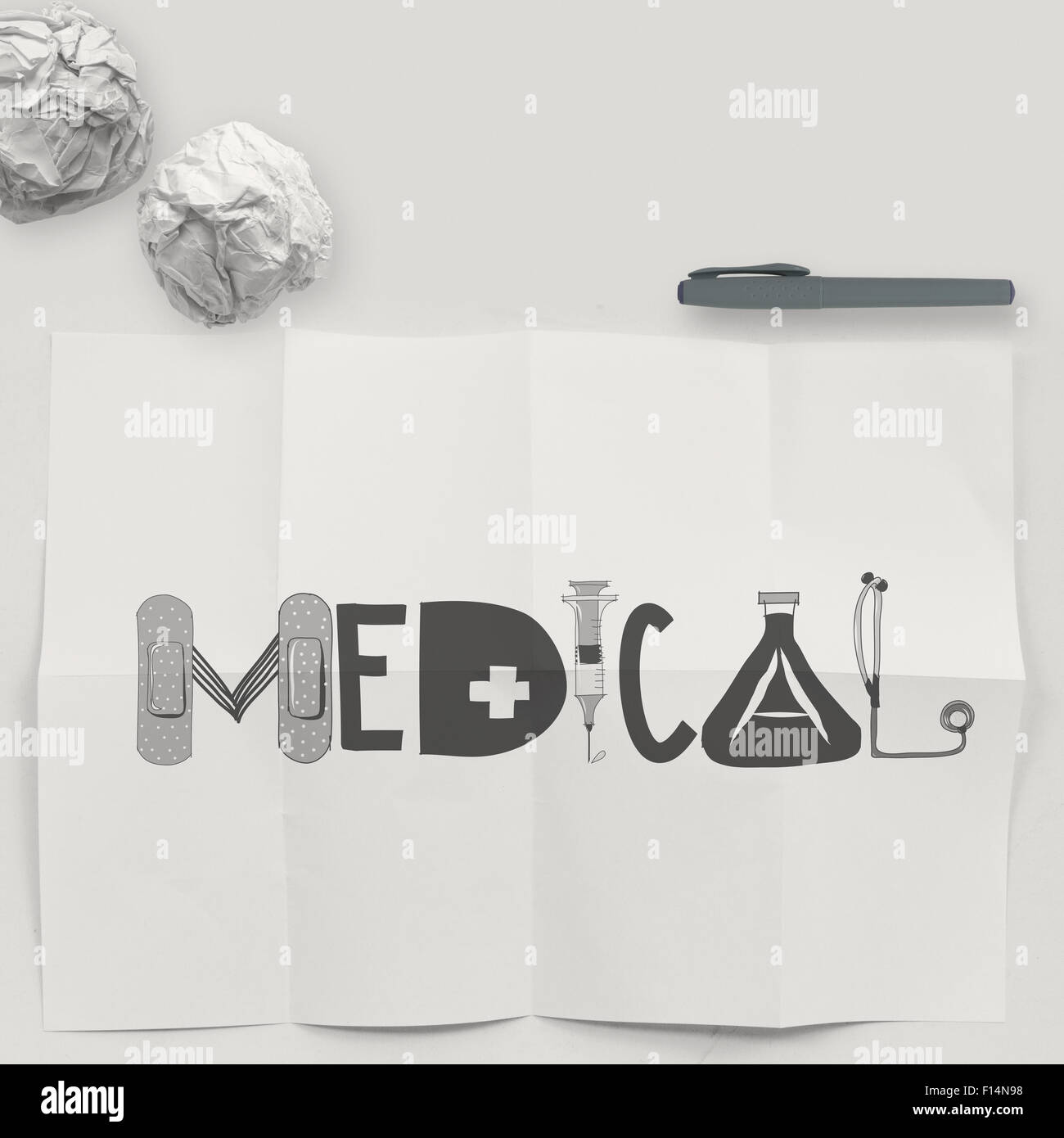 design word MEDICAL on white crumpled paper and texture background as ...