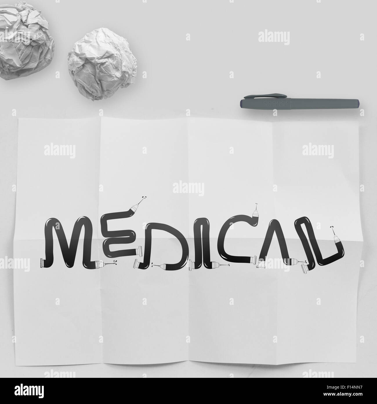 design word MEDICAL on white crumpled paper and texture background as ...