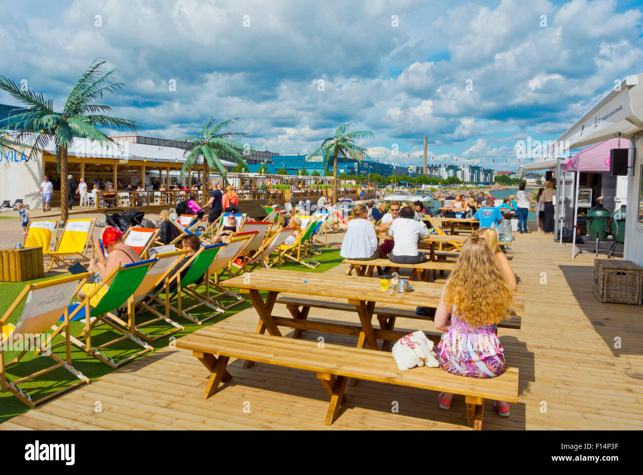 Seaside cafe and restaurant terraces, Hernesaari, Helsinki, Finland ...