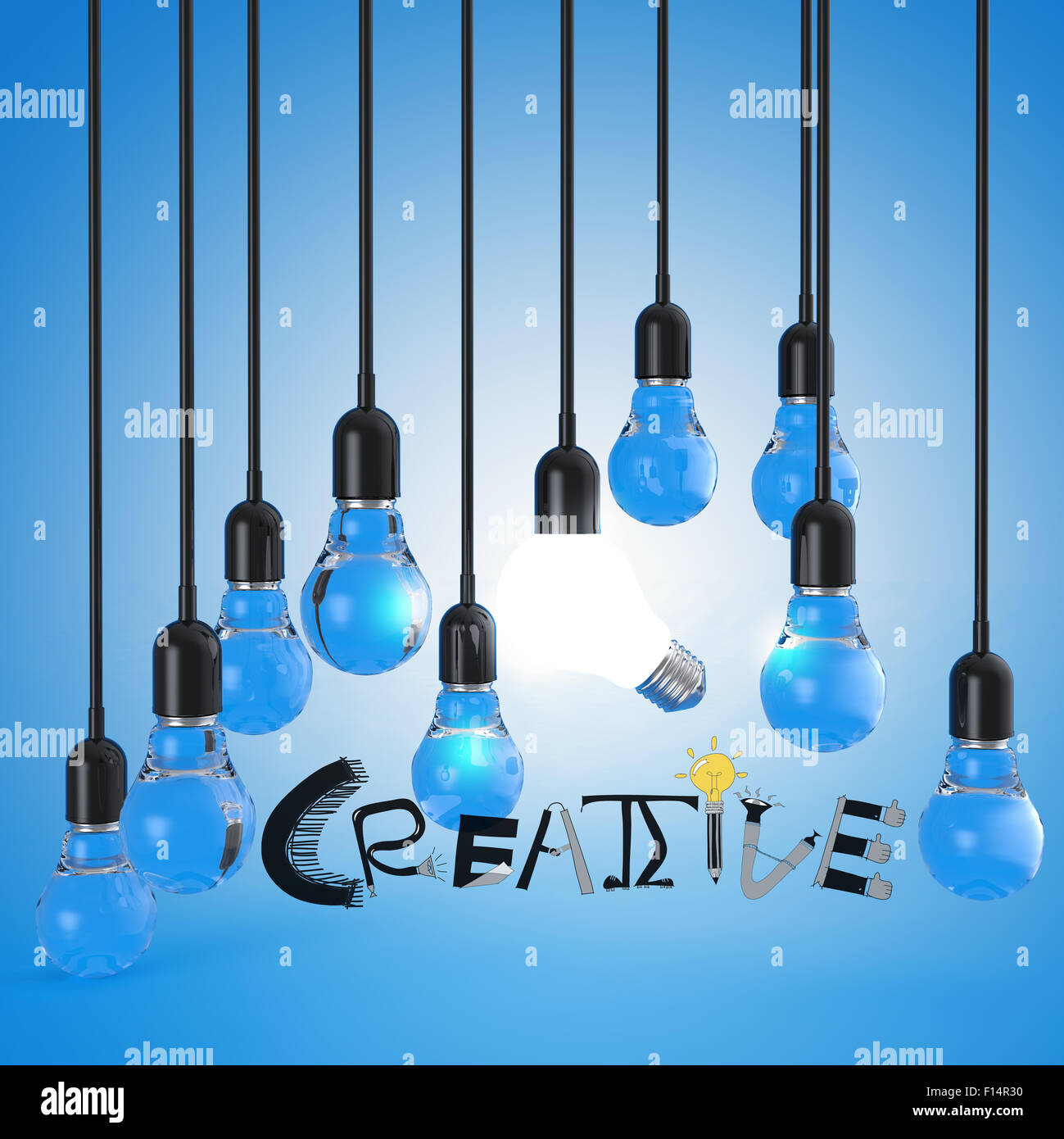 lightbulb 3d and design word CREATIVE as concept Stock Photo - Alamy