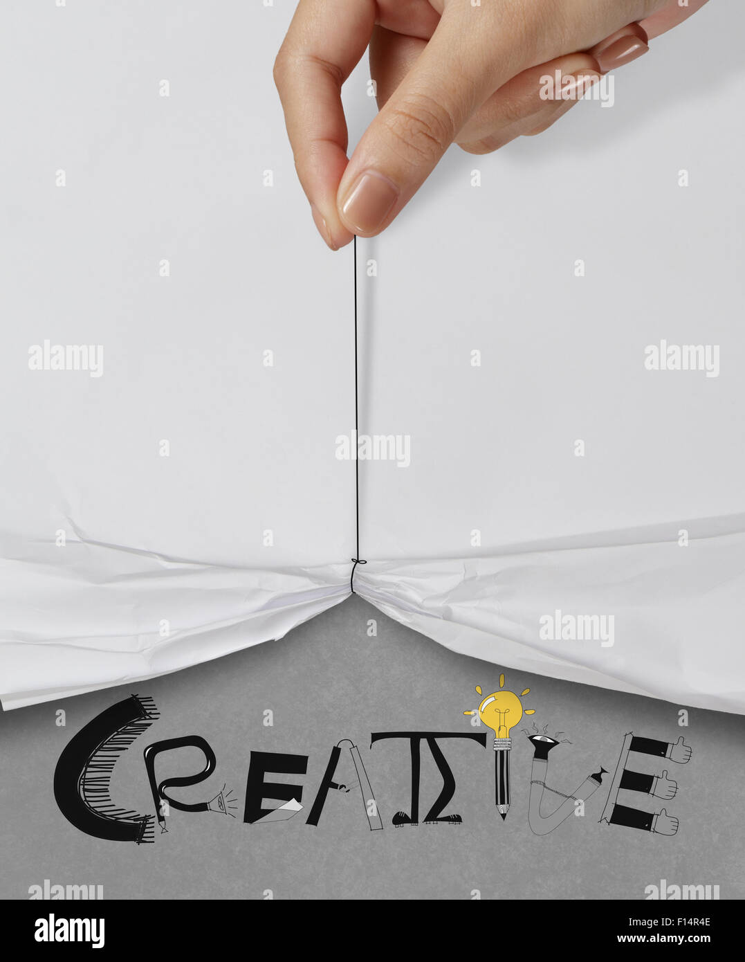 business hand pull rope open wrinkled paper show CREATIVE design text ...