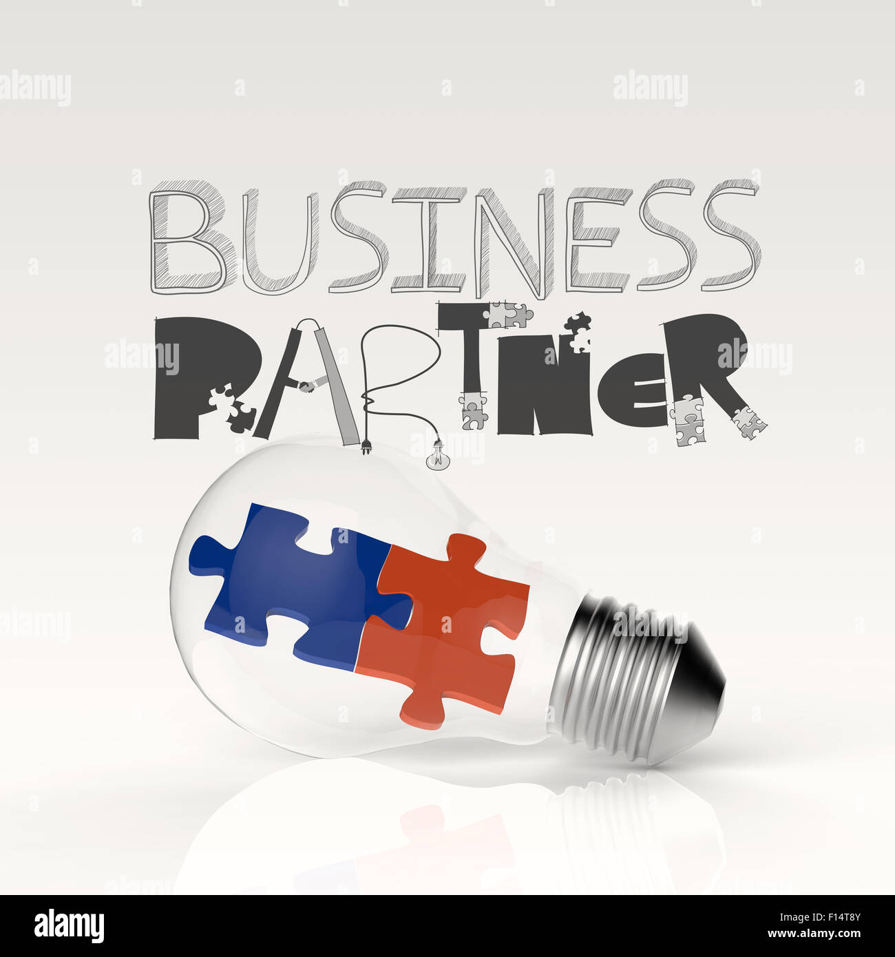hand drawn graphic word BUSINESS PARTNER and 3d light bulb puzzle as ...